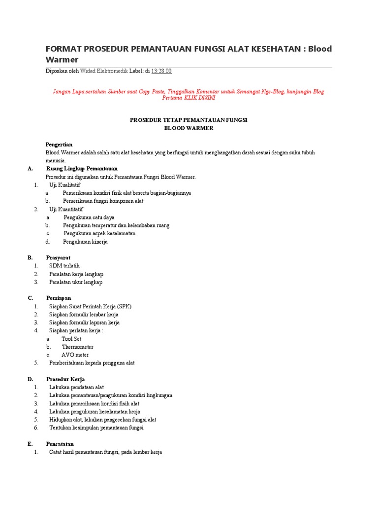 Contoh Format Prosedur Pemantauan Fungsi Alat Kesehatan Teknologi ...