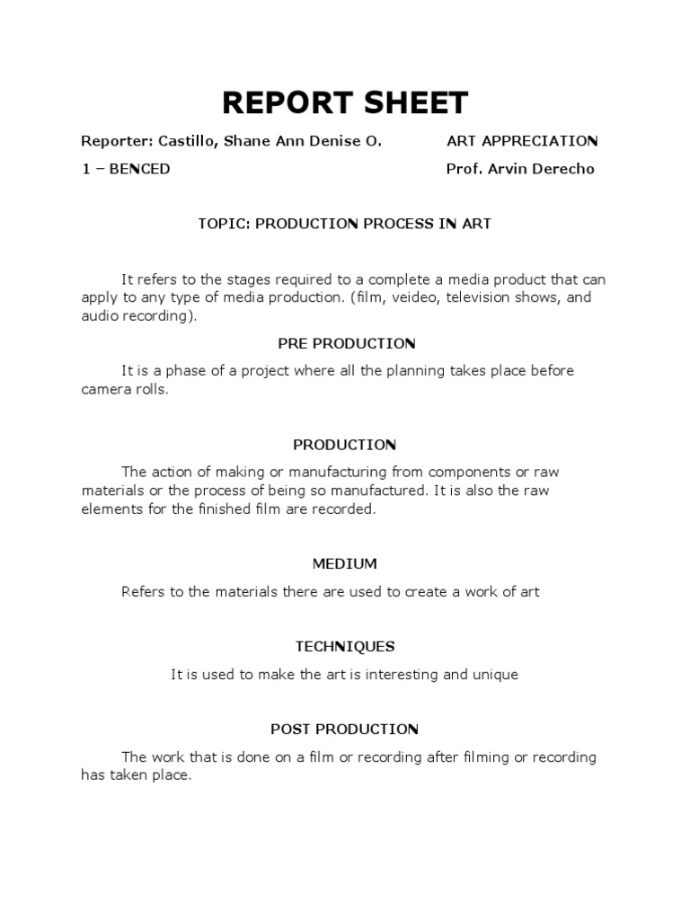 Report Sheet: Reporter: Castillo, Shane Ann Denise O. Art Appreciation ...