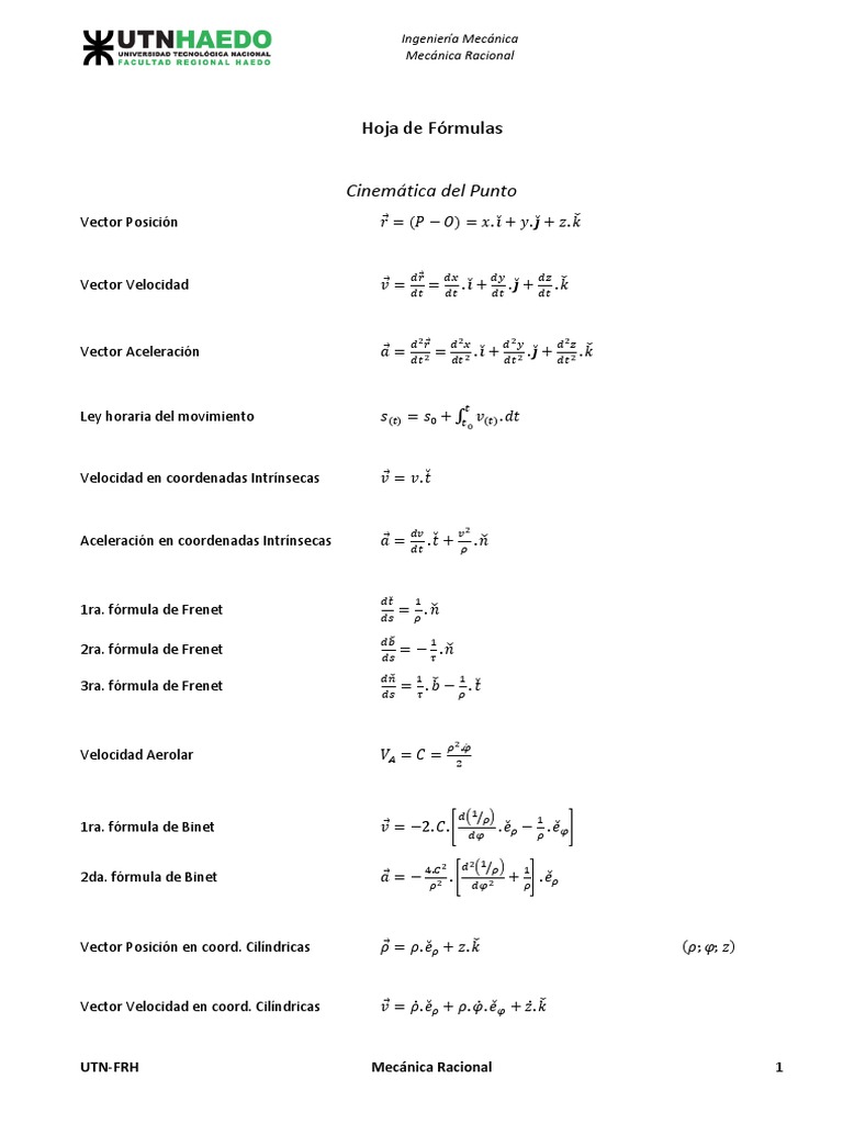 Hoja de Fórmulas-Cinematica | PDF | Cinemática | Aceleración