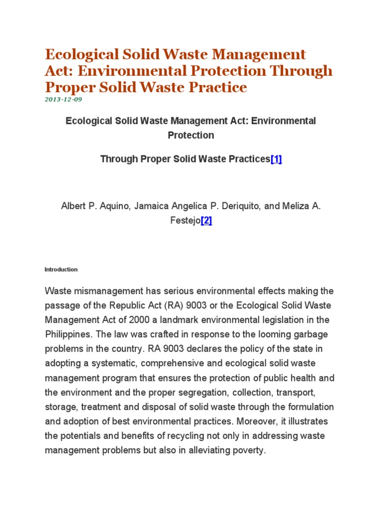 Ecological Solid Waste Management Act | PDF | Waste Management ...