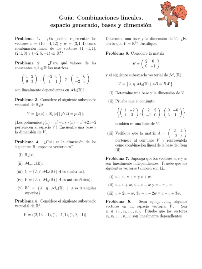 Guía - Combinaciones Lineales, Espacio Generado, Bases y Dimensión | PDF | Base (álgebra lineal ...