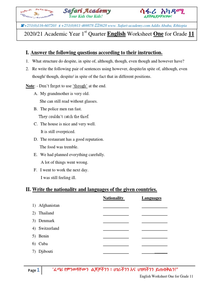 English Worksheets For Class 11 Examination II For Class 11 Students