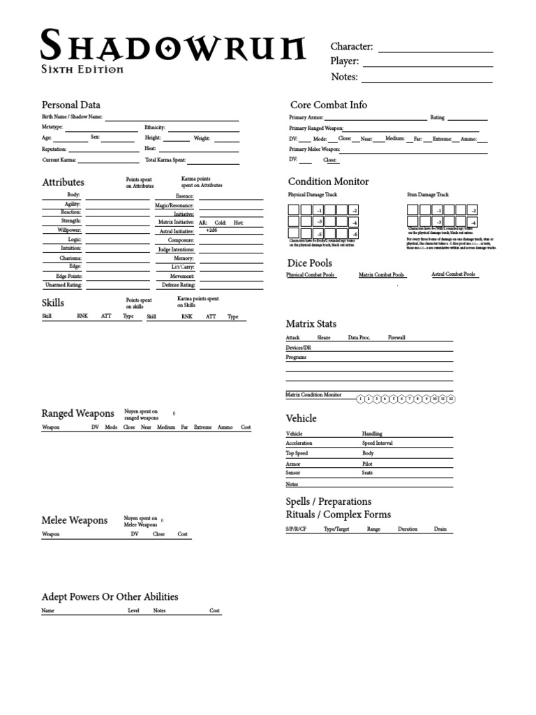 Shadowrun Character Sheet (Fillable and Counts Nuyen Spent On Gear ...