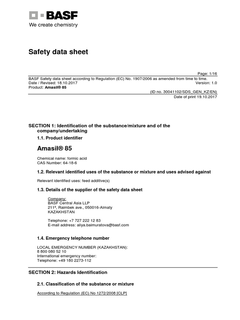 Safety Data Sheet: Amasil® 85 | PDF | Dangerous Goods | Toxicity