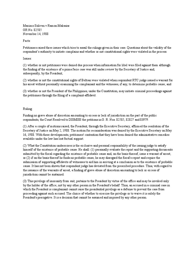 Maximo Soliven V Ramon Makasiar CASE DIGEST | PDF | Probable Cause ...