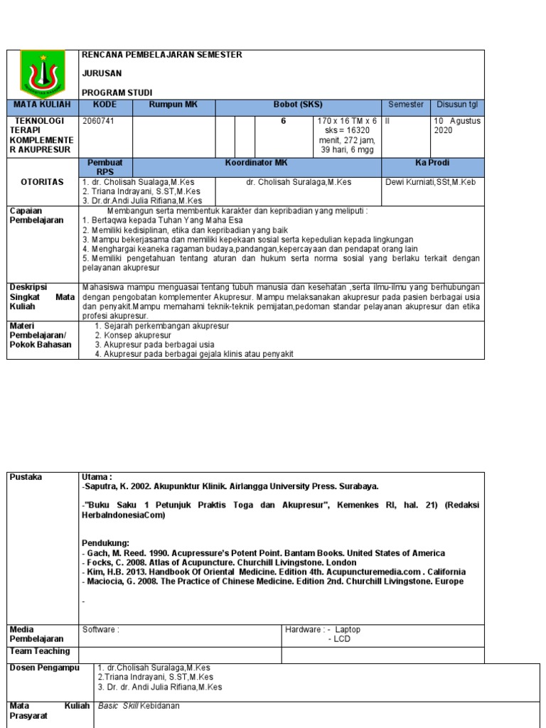 Rencana Pembelajaran Akupresur 2020 | PDF