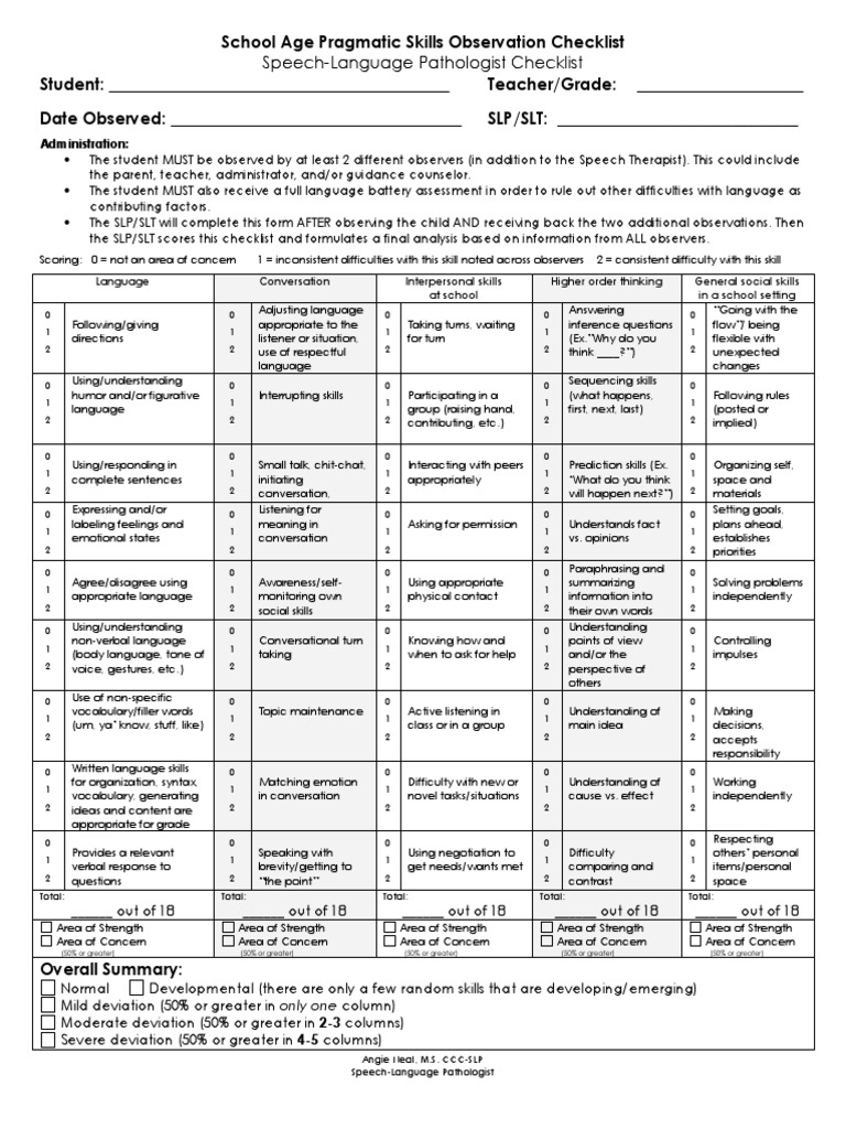 School Age Pragmatic Skills Observation Checklist1 PDF | PDF ...