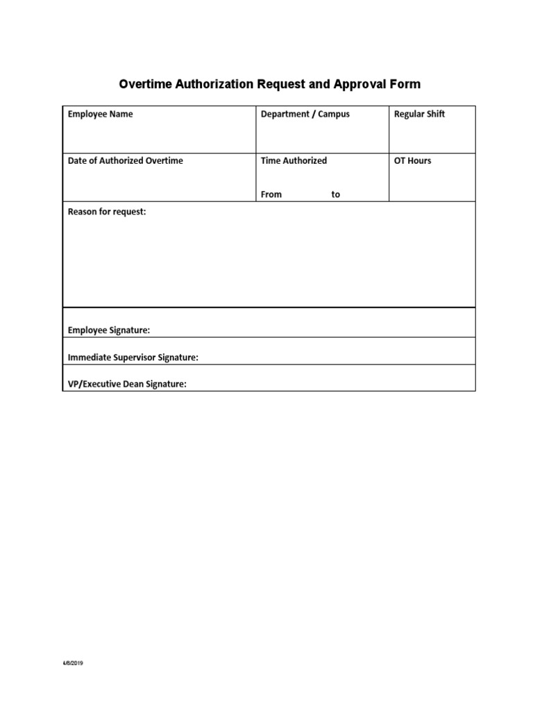 Overtime Authorization Request and Approval Form | PDF