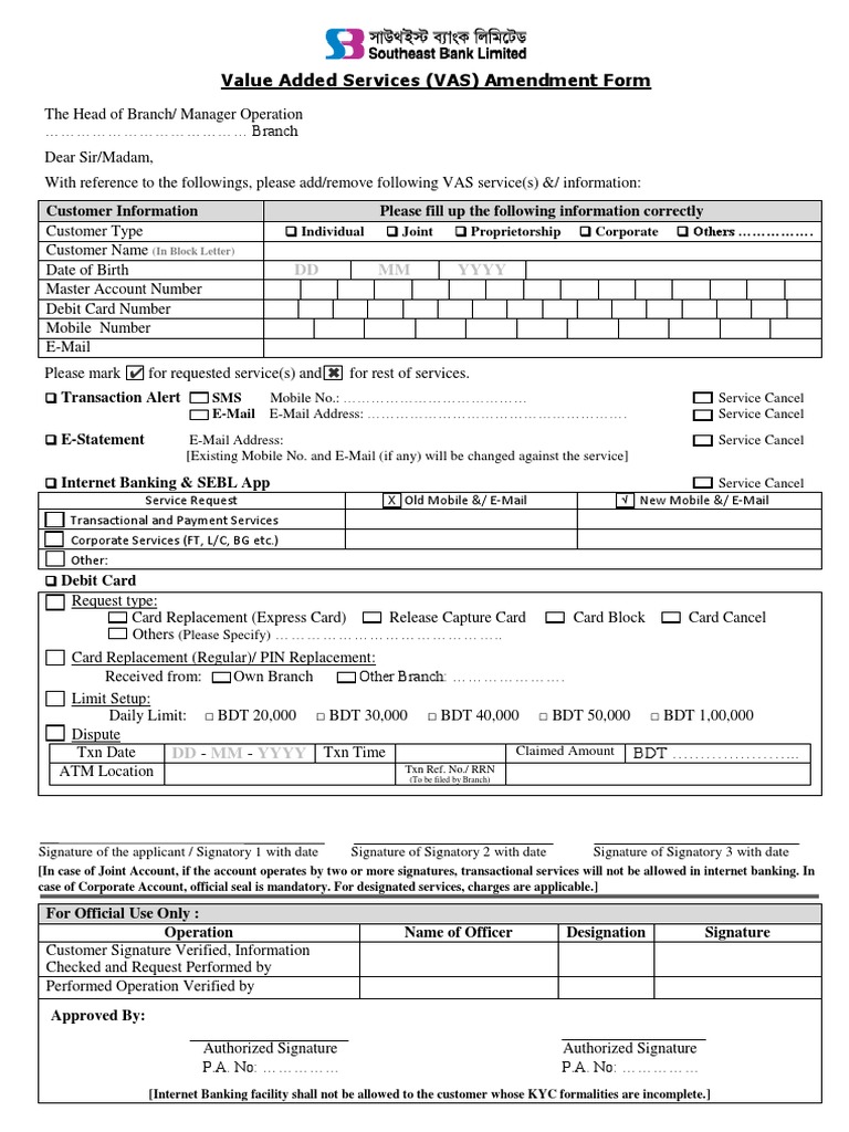 Value Added Services (VAS) Amendment Form: DD MM Yyyy | Download Free ...