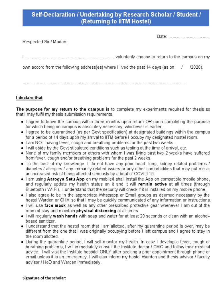 Self-Quarantine Undertaking and Health Declaration by Research Scholar ...