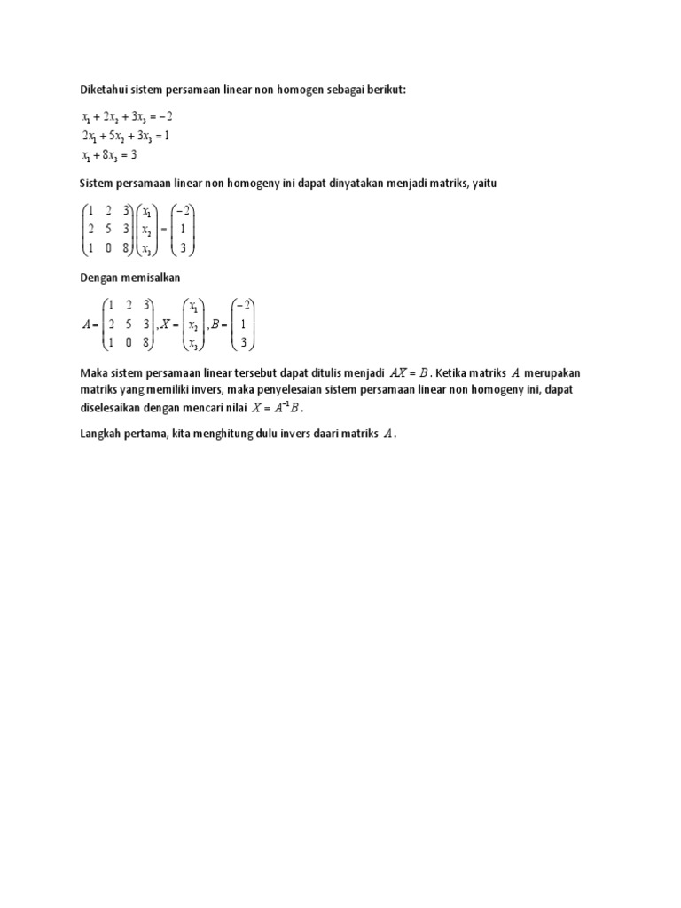Penyelesaian Sistem Persamaan Linear Non Homogen Dengan Invers Matriks ...