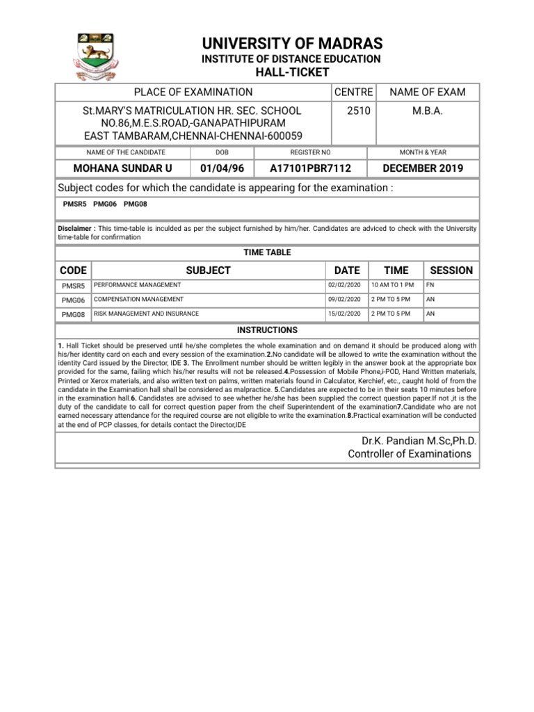 University of Madras: Hall-Ticket | PDF | Test/Examination | Business