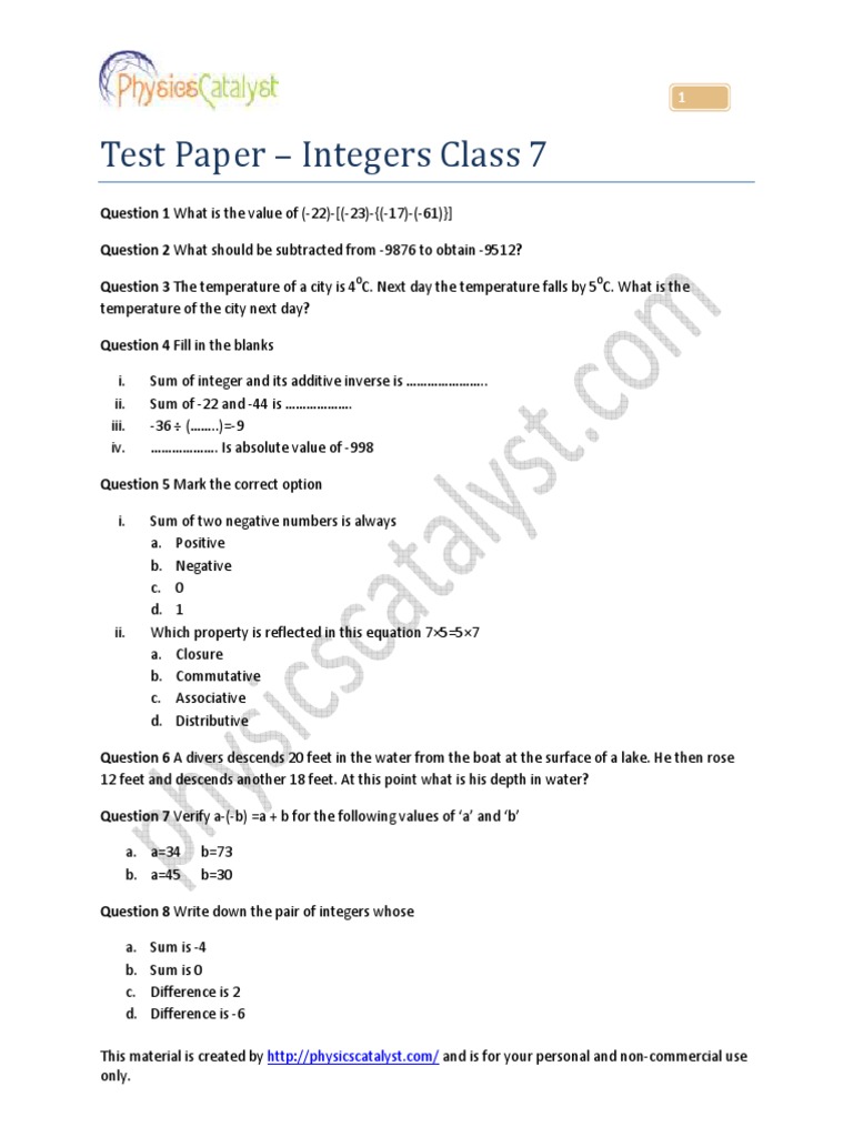 Test Paper Integers 1 PDF | PDF | Integer | Mathematical Objects