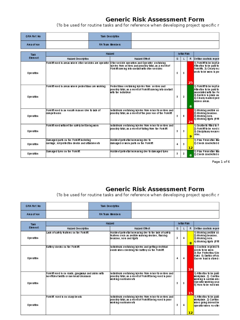 Generic Risk Assessment Form | PDF | Forklift | Emergency Management
