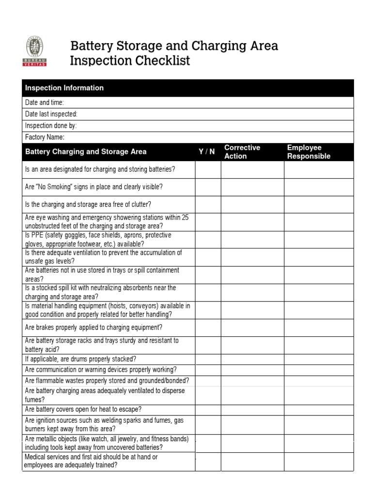 Battery Charging Area Safety Checklist | PDF