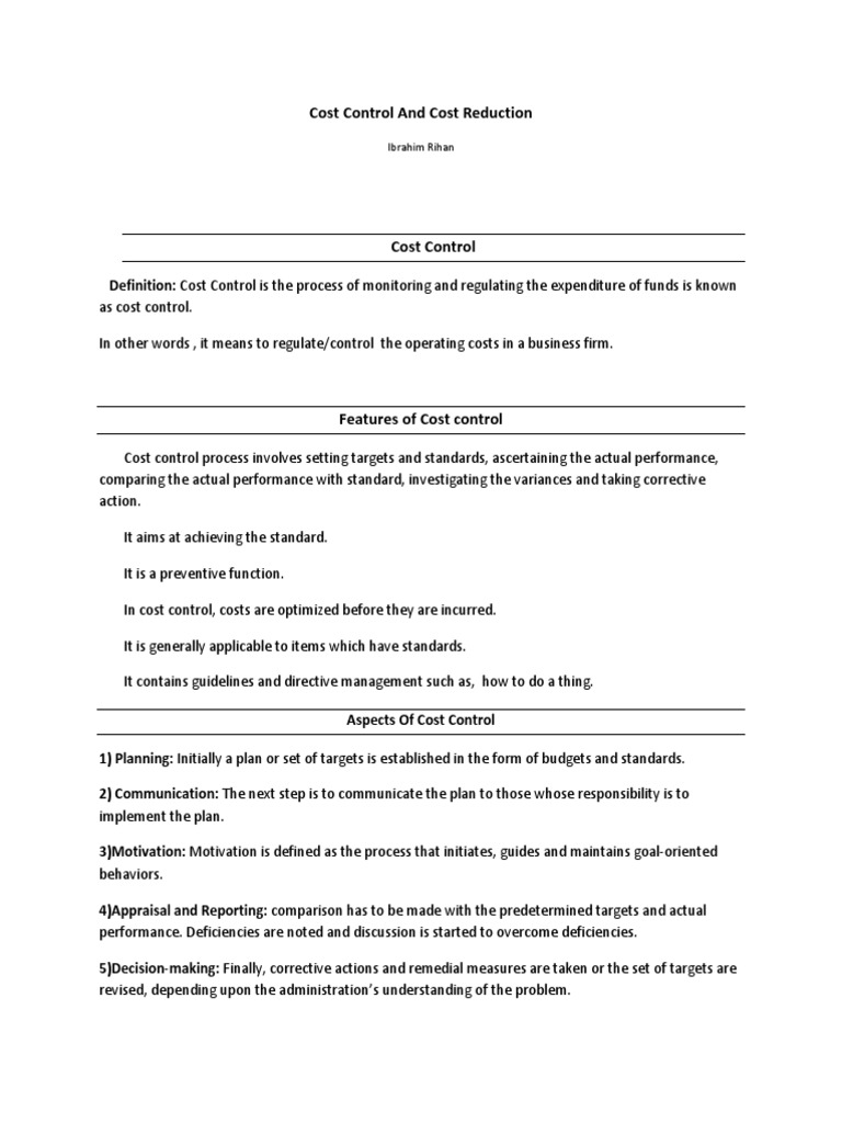 Cost Control vs. Cost Reduction Explained | PDF | Cost Accounting | Cost