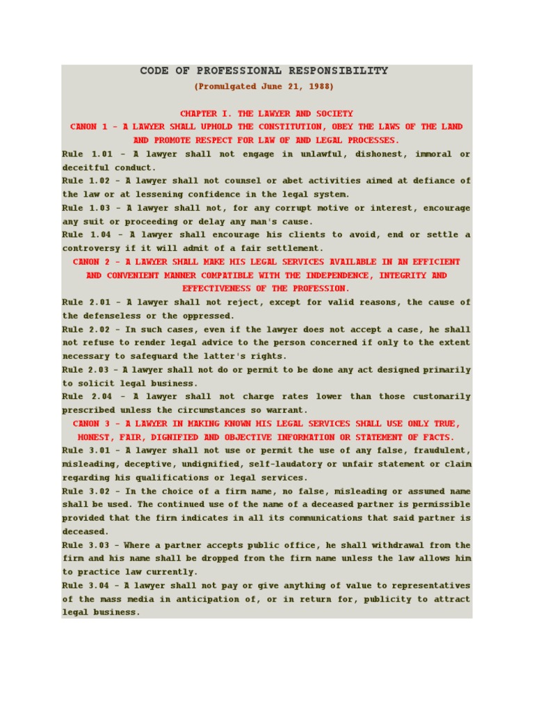 CODE OF PROFESSIONAL RESPONSIBILITY (Canons 1 To 5) PDF | PDF | Lawyer ...