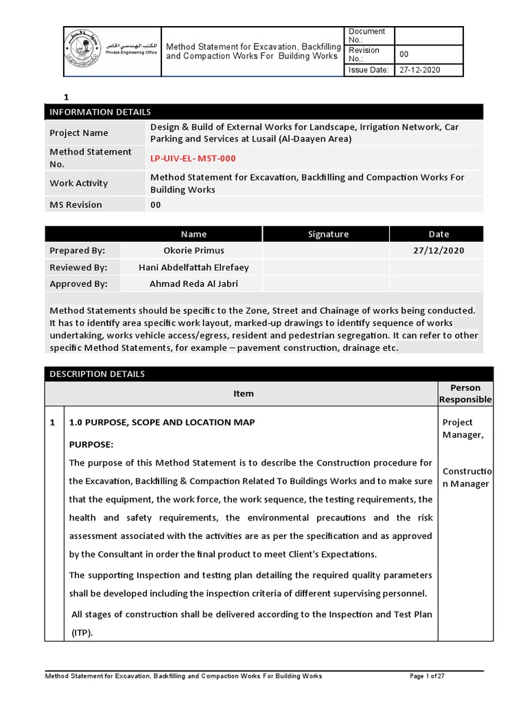 Method Statement For Excavation, Backfilling and Compaction For ...