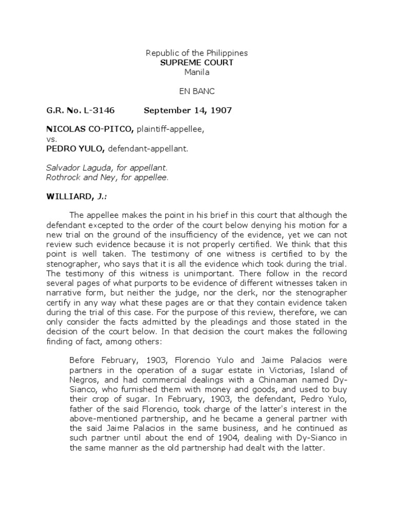 Nicolas Co-Pitco vs. Pedro Yulo | PDF | General Partnership | Partnership