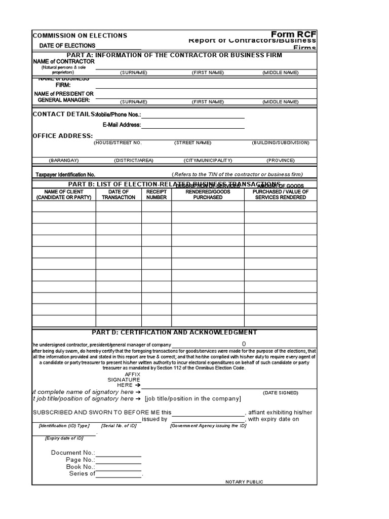 Form RCF: Report of Contractors/Business Firms | PDF | Government ...