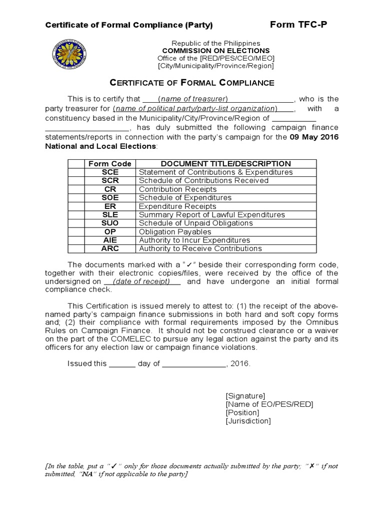 Form TFC-P: Certificate of Formal Compliance (Party) | PDF | Public Law | Social Institutions