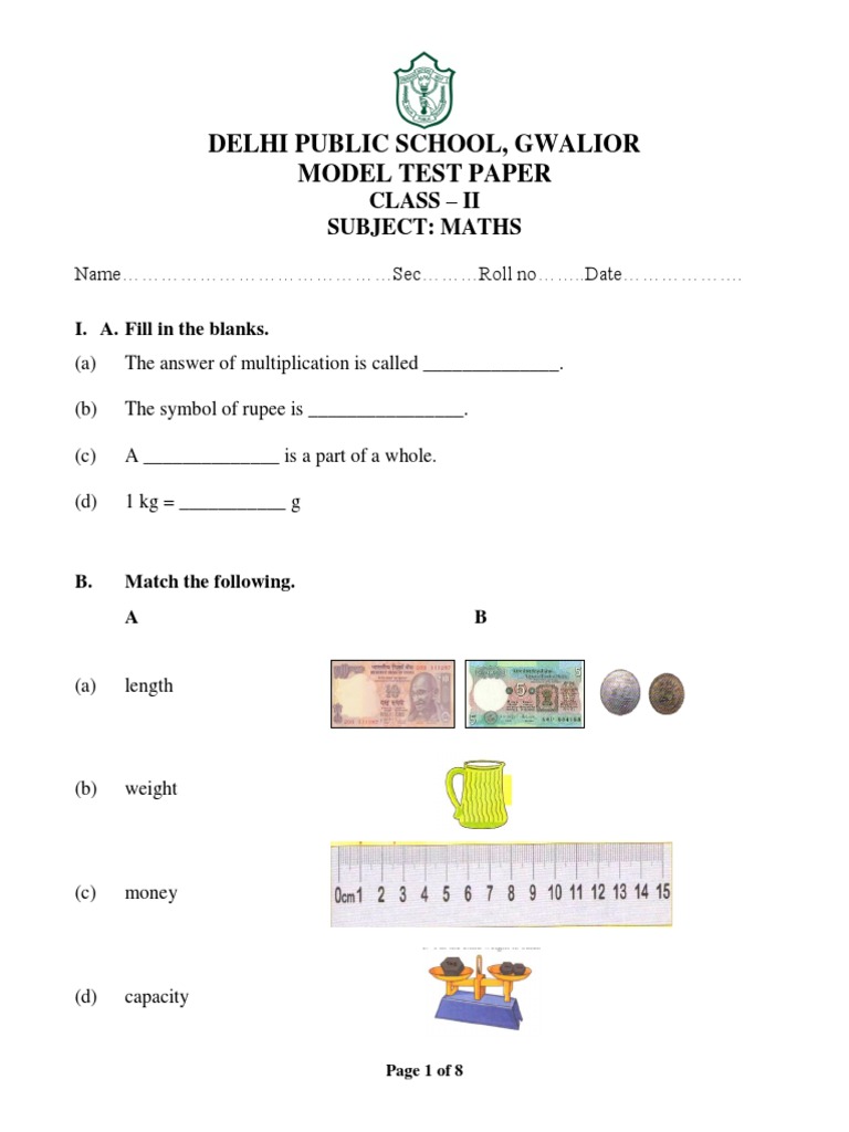 Delhi Public School, Gwalior Model Test Paper: Class - Ii Subject ...