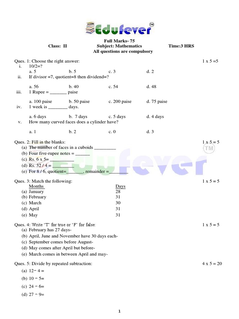 Class 2 Math Sample Paper | PDF | Numbers | Arithmetic