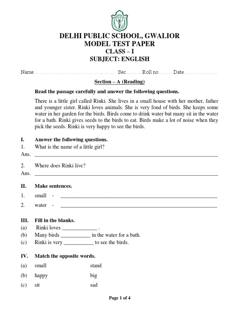 Delhi Public School, Gwalior Model Test Paper: Class - I Subject ...