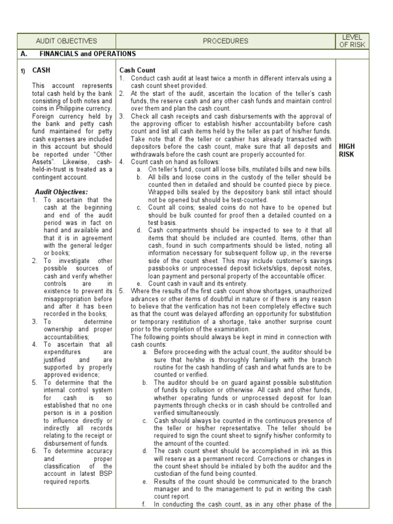 Cash Count: Audit Objectives Procedures Level of Risk | Download Free ...