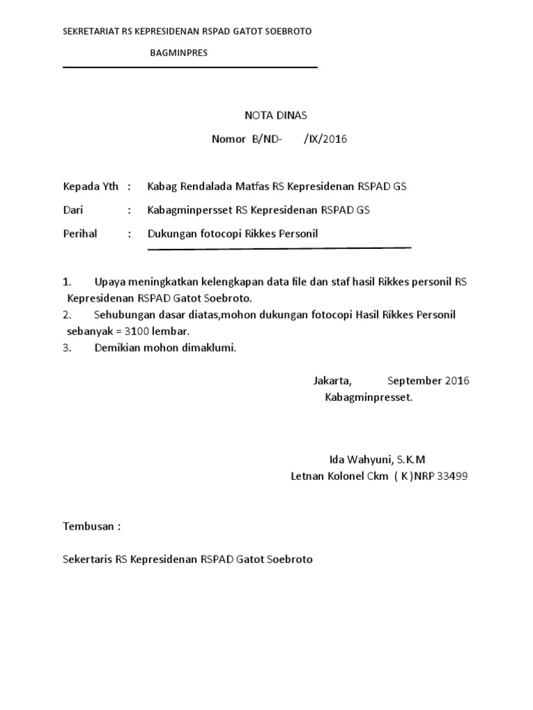 Nota Dinas Fotocopy Berkas Sekretariat RS Kepresidenan Rspad Gatot ...
