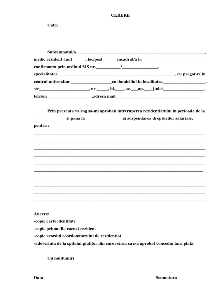 Model Cerere Intrerupere Rezidentiat Pentru Concediu Fara Salar PDF | PDF