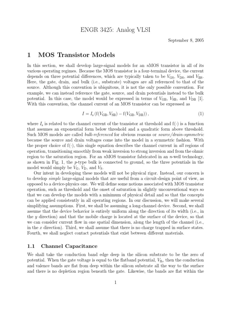 1 MOS Transistor Models: ENGR 3425: Analog VLSI | PDF | Field Effect ...