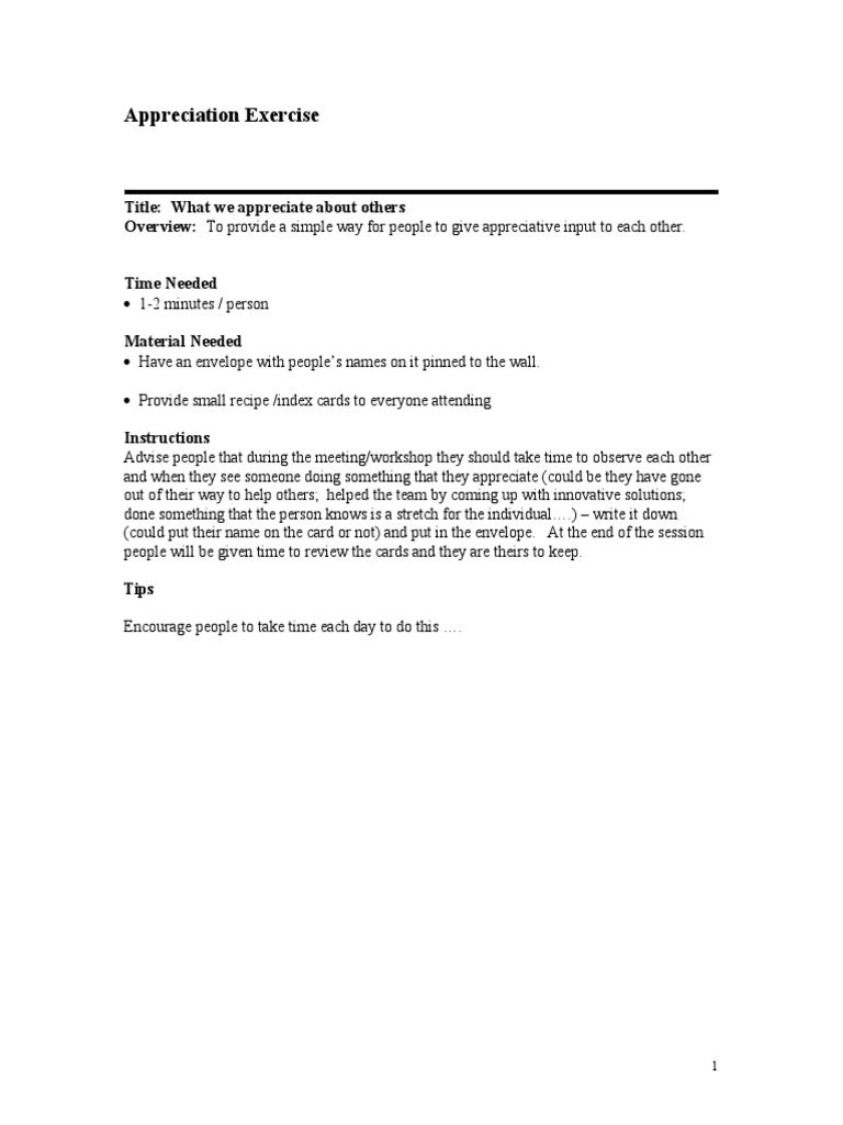 Appreciation Exercise: Title: What We Appreciate About Others Overview ...