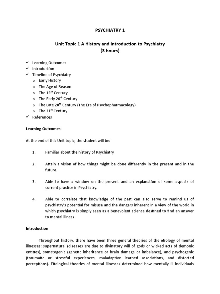 Psychiatry 1 Unit Topic 1 A History and Introduction To Psychiatry ...