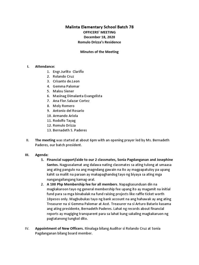 Malinta Elementary School Batch 78 Meeting PDF | PDF