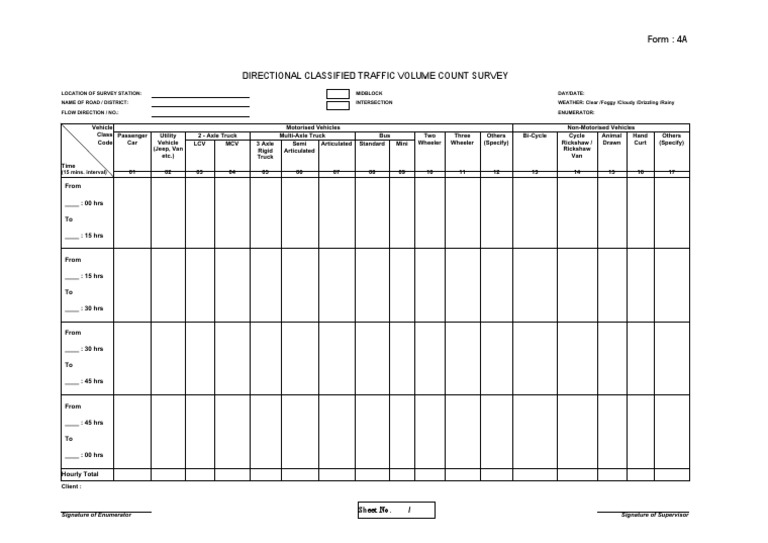Directional Classified Traffic Volume Count Survey: Form: 4A | PDF ...