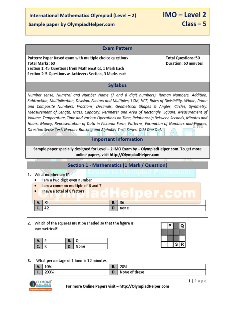 IMO Level 2 Sample Paper Class 5 PDF | PDF | Test (Assessment) | Numbers