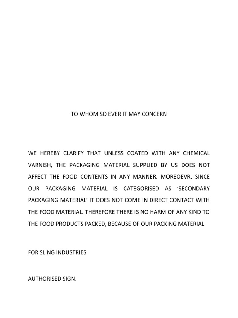 Food Grade Packaging Declaration | PDF | Law