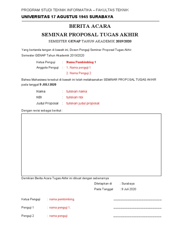 Template Berita Acara Seminar Proposal Tugas Akhir | PDF