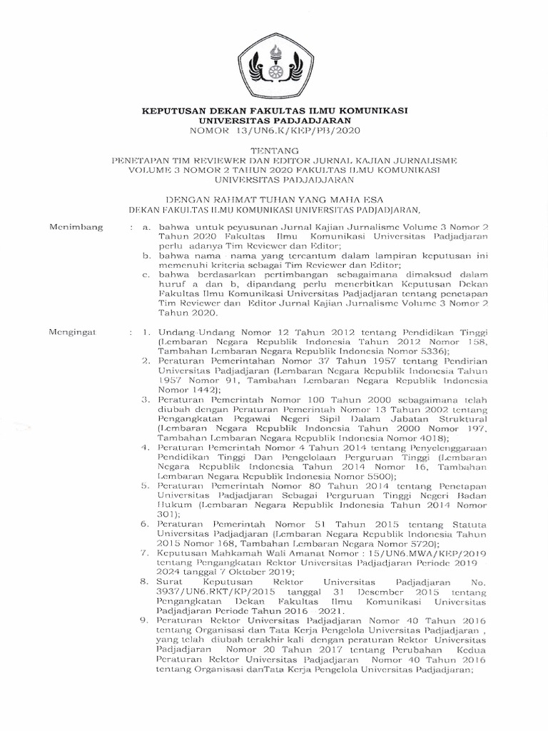 SK Dekan No 13 Tahun 2020 TTG Penetapan Tim Reviewer Dan Editor Jurnal Kajian Jurnalisme Vol 3 ...