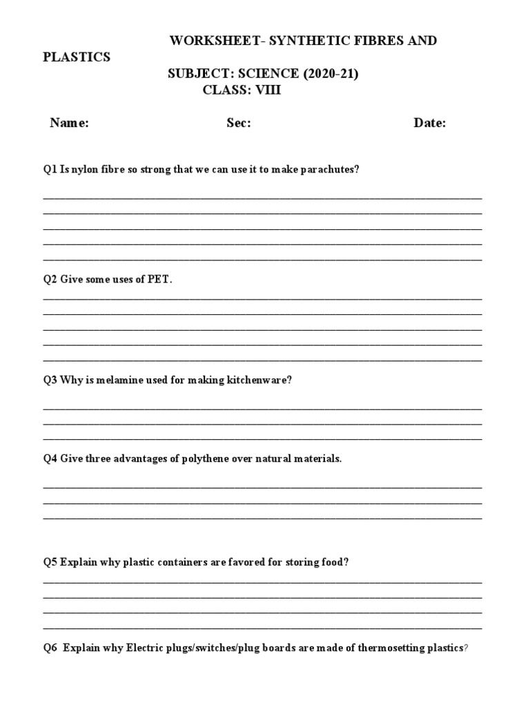 Class 8 Science Worksheet CH - Synthetic Materials | PDF | Synthetic ...
