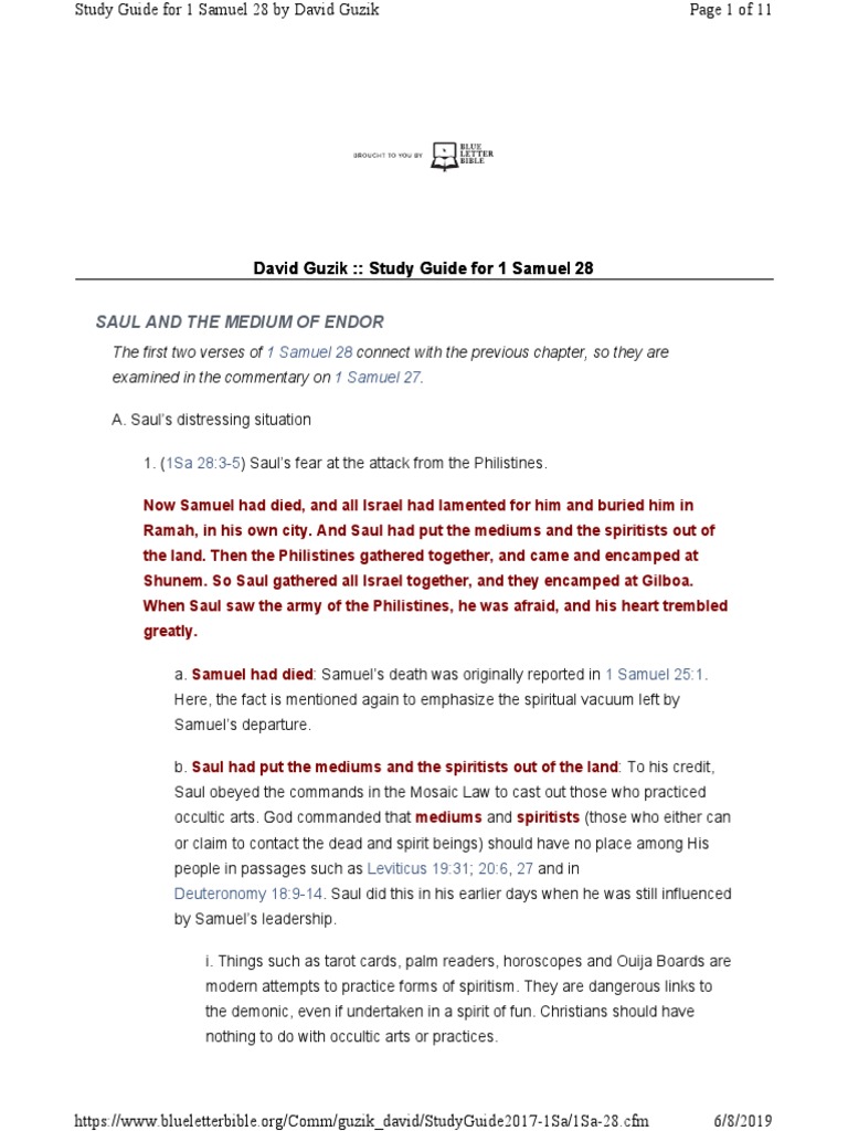 A Study Guide for 1 Samuel 28: Saul Consults a Medium at Endor | PDF ...