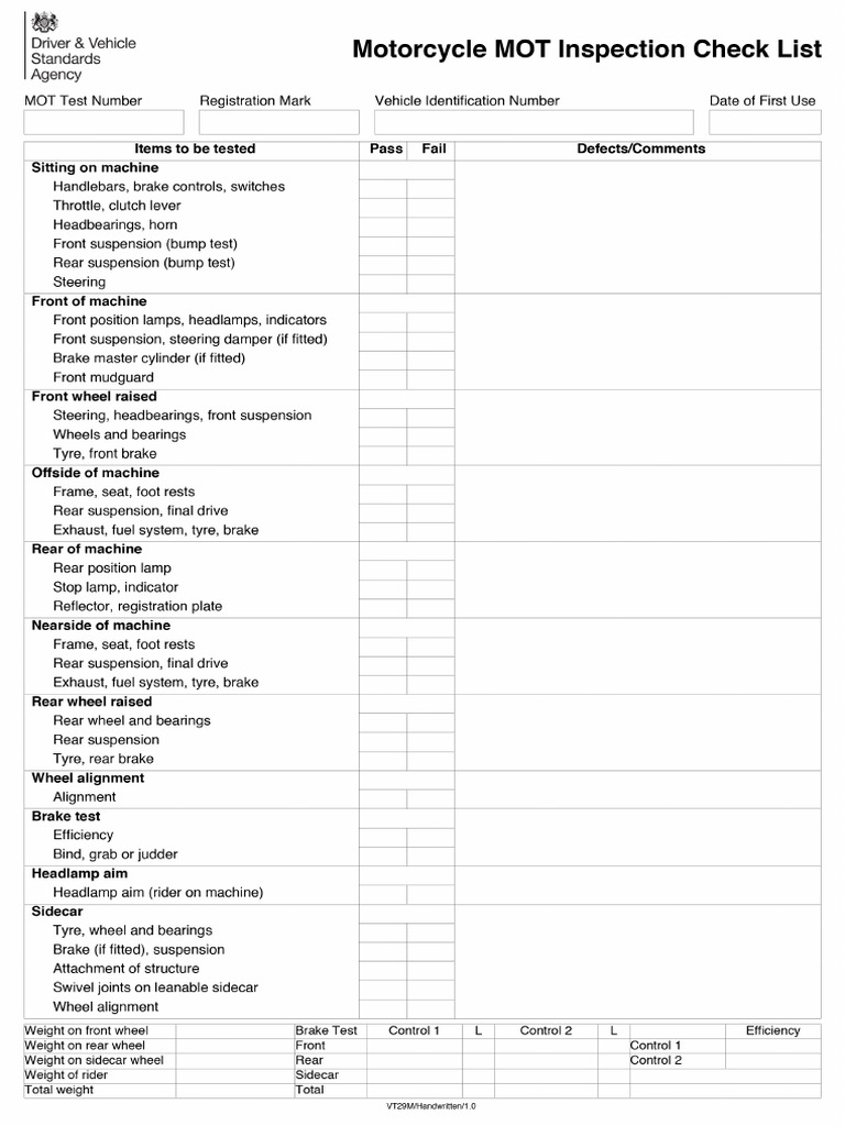 Mot Inspection Checklist Motorcycle vt29m | PDF