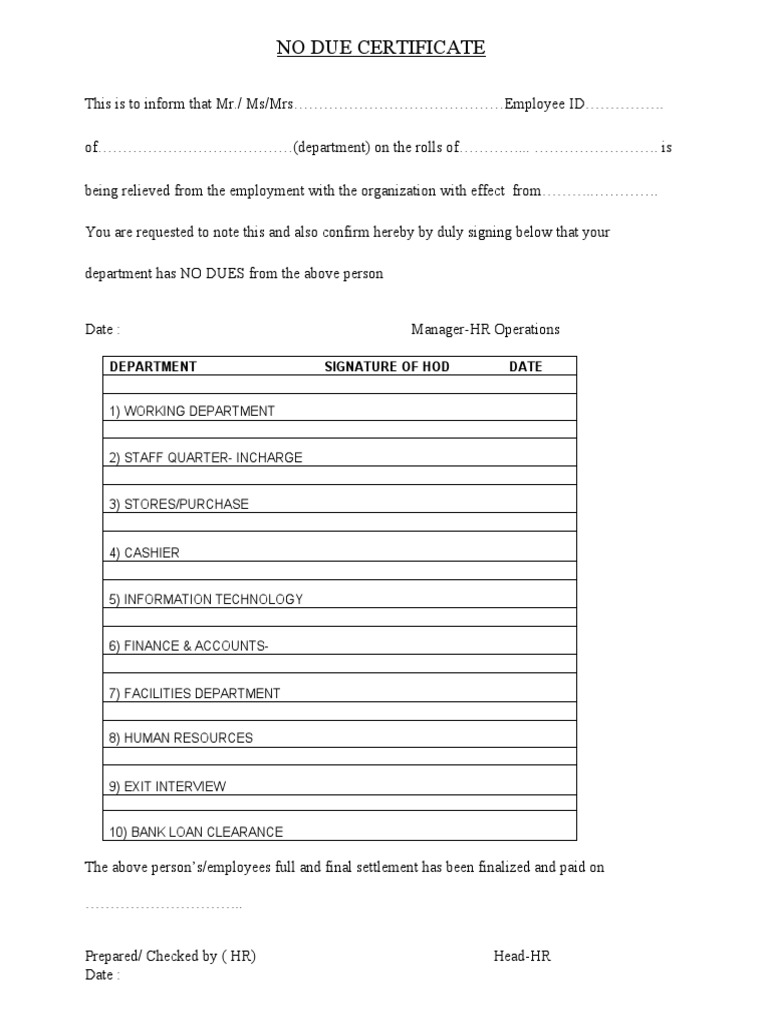 No Due Certificate: Department Signature of Hod Date | PDF