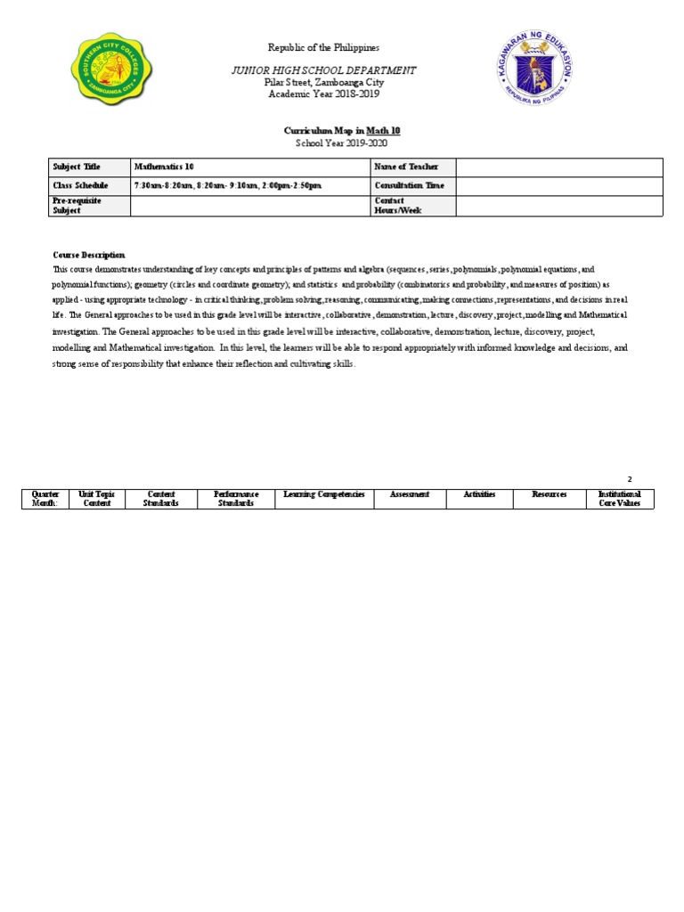 MATHEMATICS 10 Curriculum Map | PDF | Polynomial | Equations