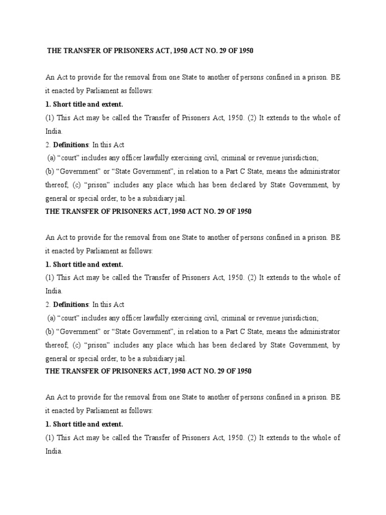Short Title and Extent.: The Transfer of Prisoners Act, 1950 Act No. 29 ...