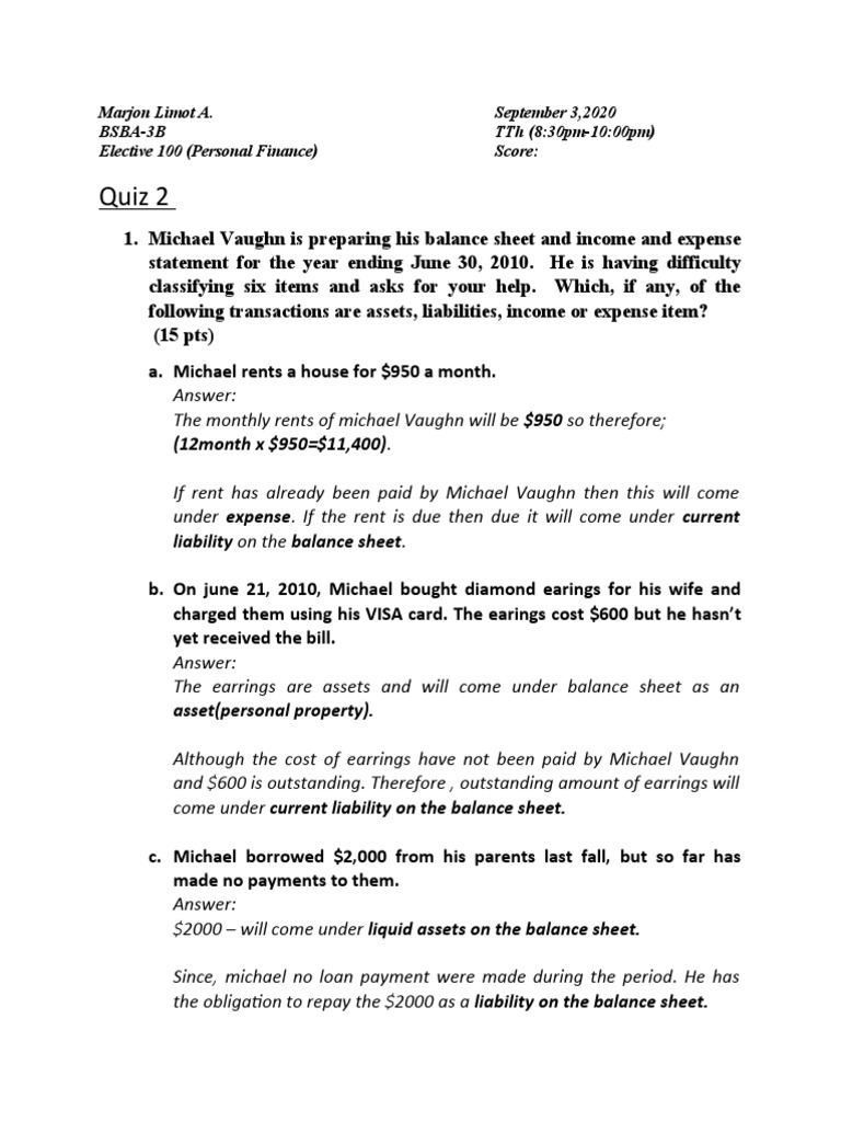 Personal Finance Quiz No.2 | PDF | Balance Sheet | Expense