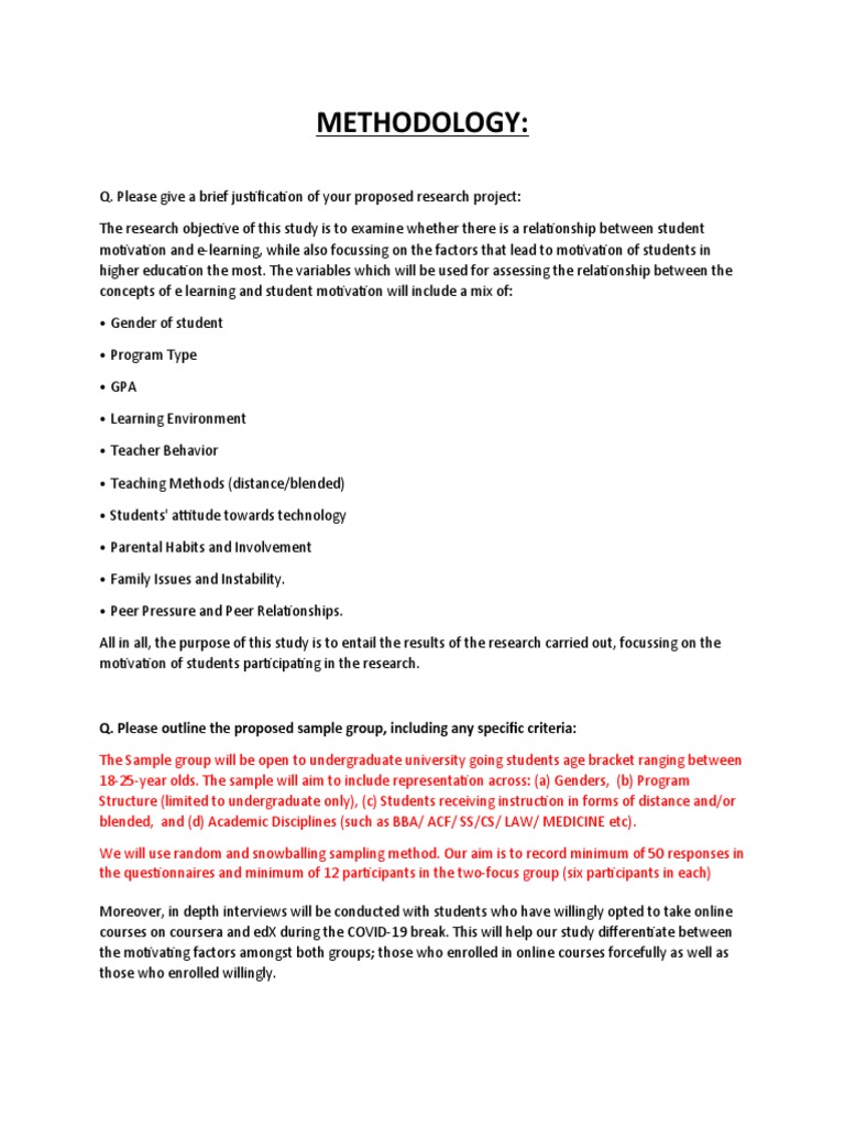 Methodology:: Q. Please Outline The Proposed Sample Group, Including ...