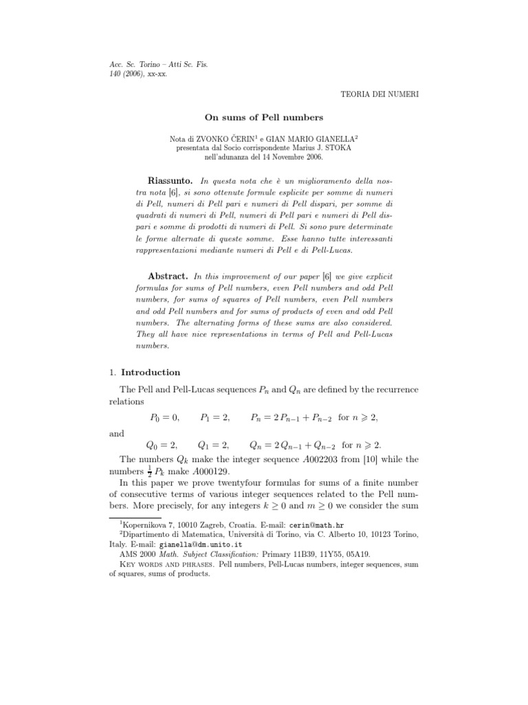 Formulas for Sums of Pell Numbers and Related Integer Sequences | PDF ...