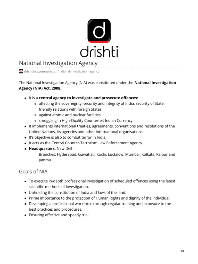 National Investigation Agency: Goals of NIA | PDF | Criminal Justice ...